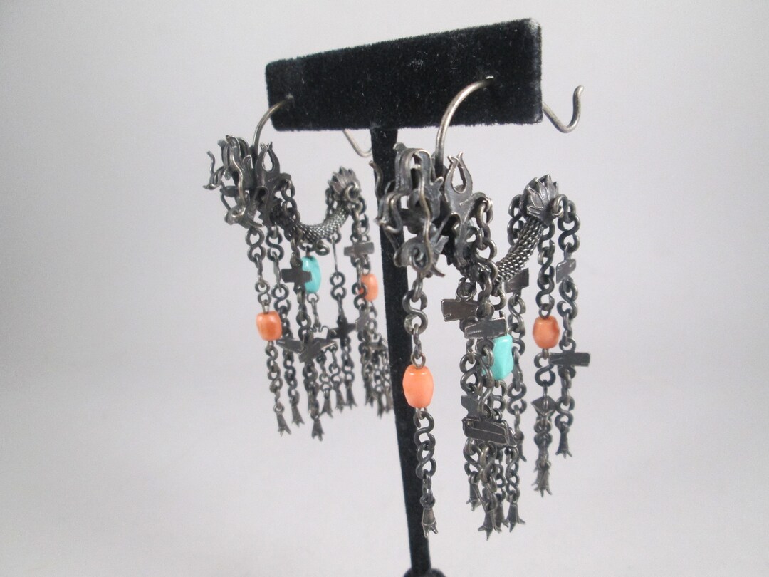 Rare QING DYNASTY Dragon Fringe Earrings. Turquoise & Coral Beads ...