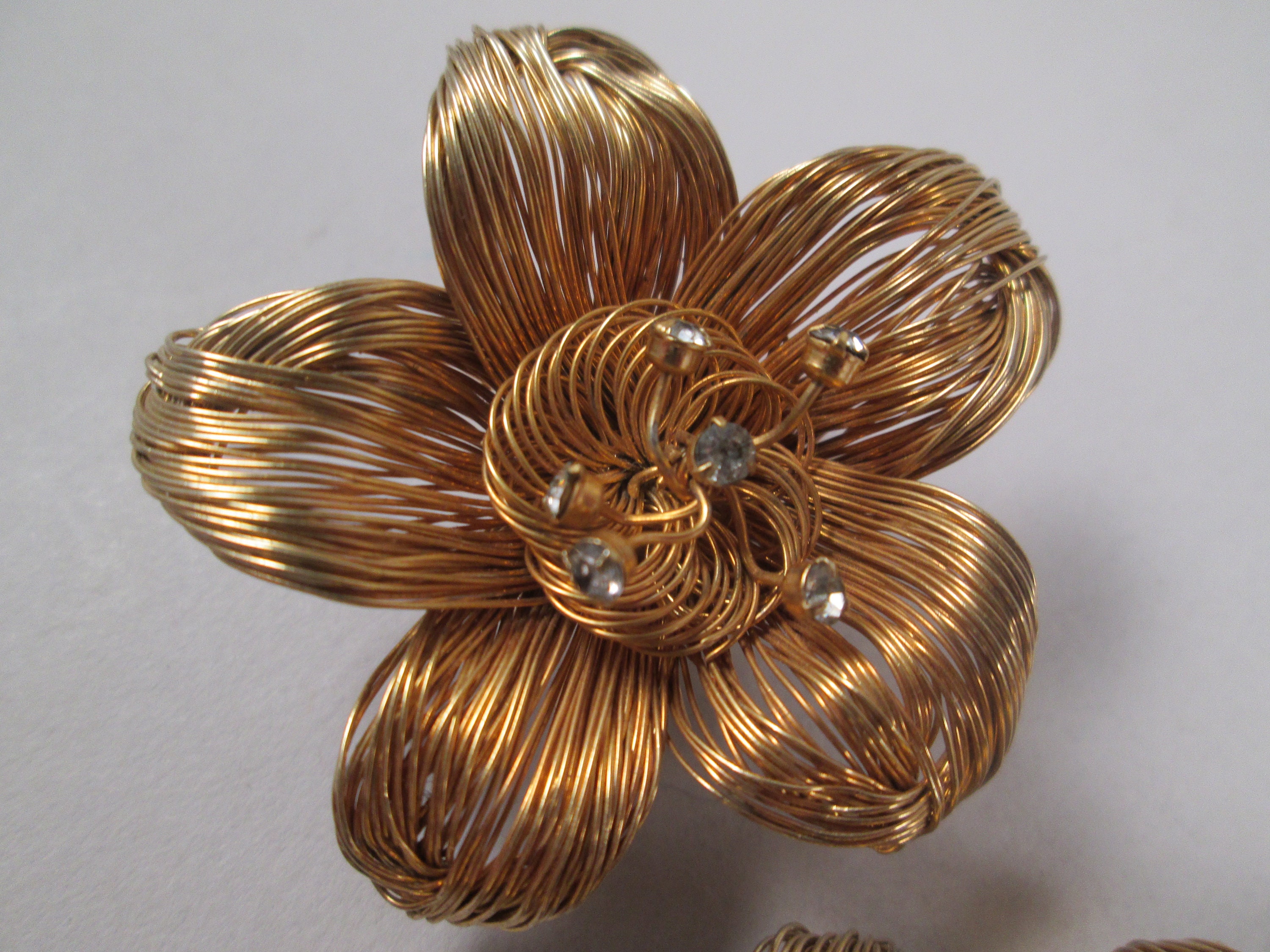 1980s Gold Spun Wire Huge Floral Brooch Earrings Set. Rhinestone ...