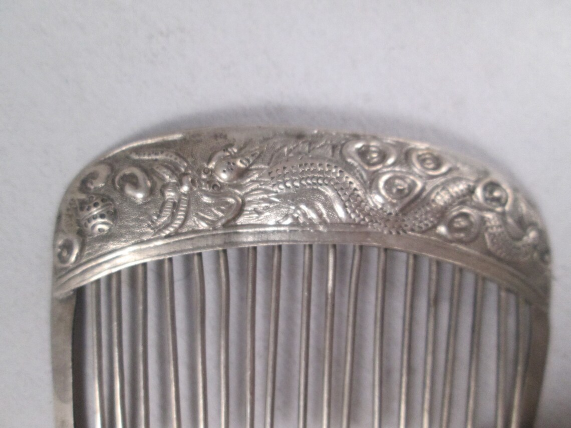 Antique Chinese Silver Small Hair Comb. Dragon Chasing Pearl Repousse ...