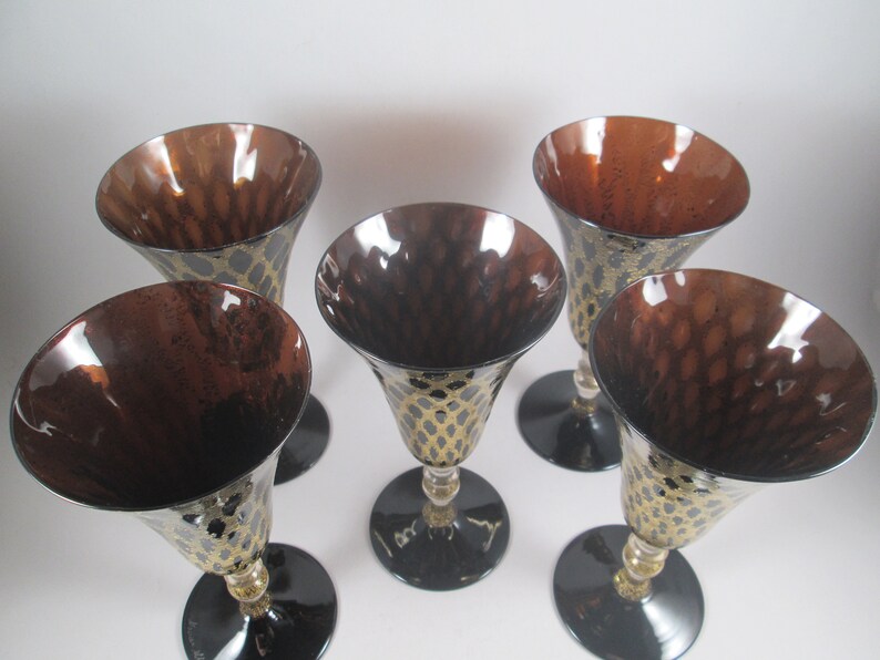 NASON MORETTI Signed Goblets. Five Gold Leaf, Hand Blown Venetian ...