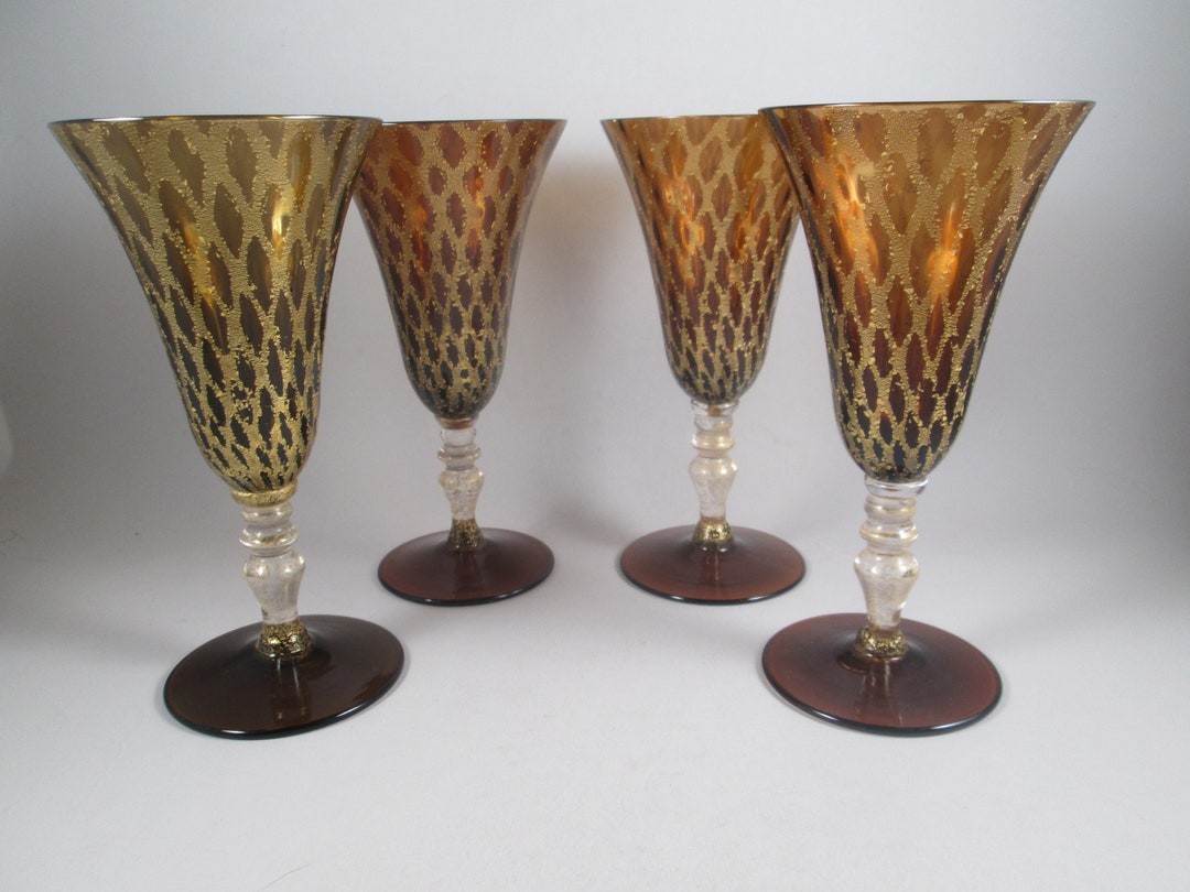 NASON MORETTI Signed Goblets. Four Gold Leaf, Hand Blown Venetian Murano Drinking Goblets in ...