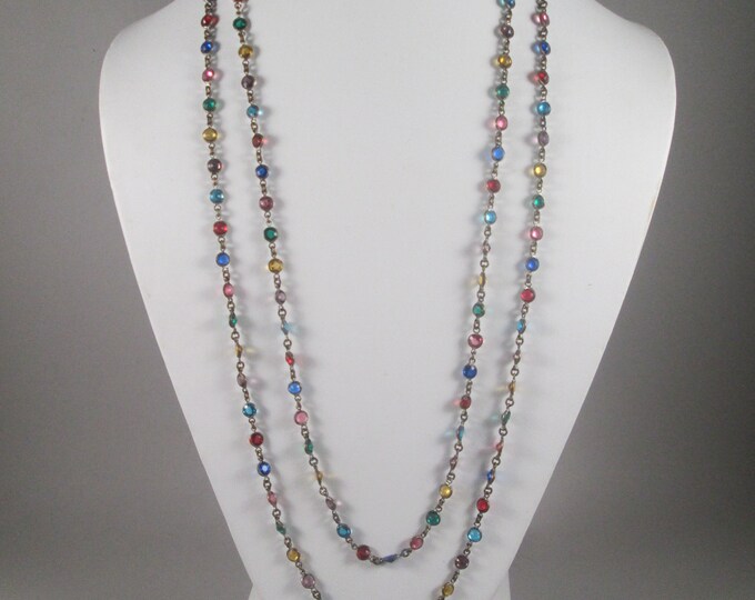 1920s Tiny Crystal 60" Flapper Necklace. Bezel Set Faceted Crystals ...