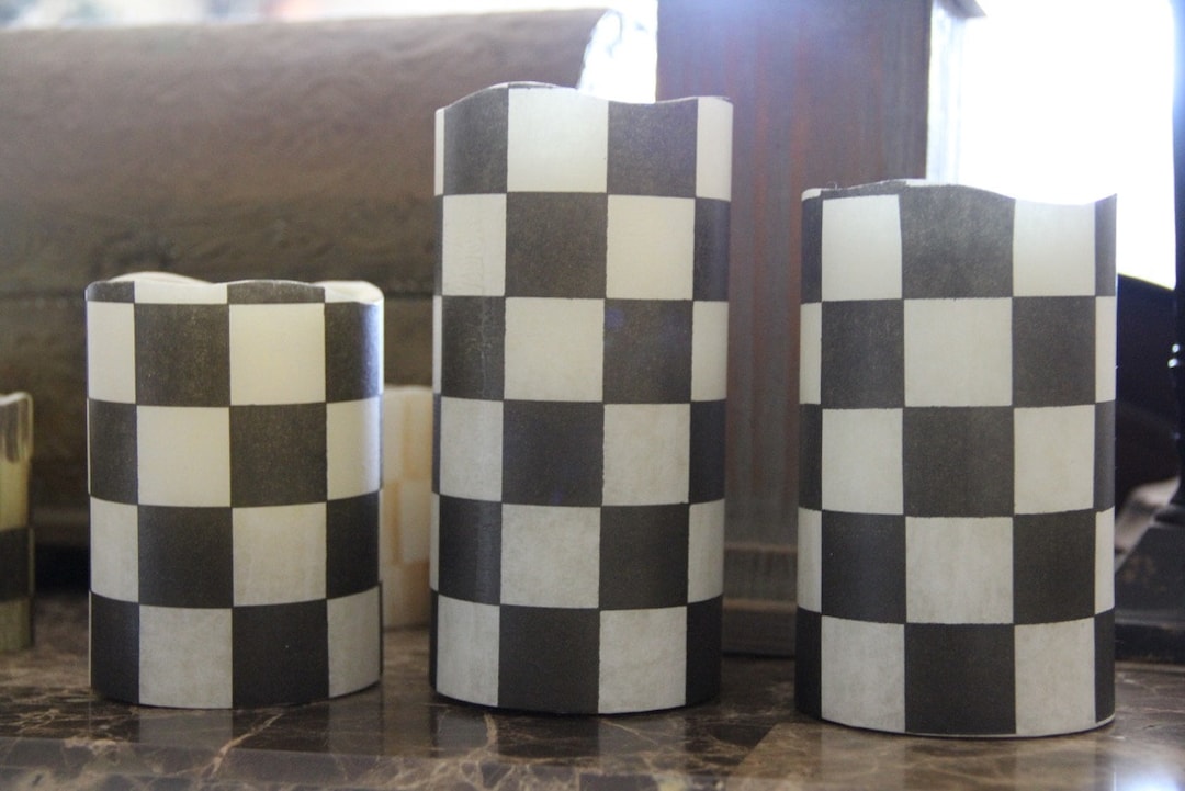 Black and White Checkered Candles - Flameless LED Pillar Candles Set ...