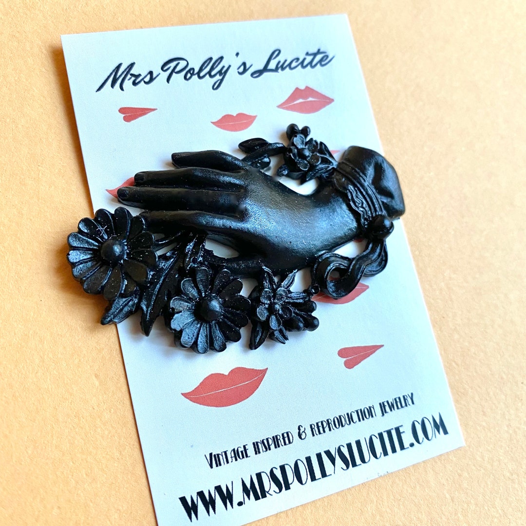 Victorian Mourning Hand Brooch, Bakelite Jet INSPIRED in Resin Fakelite ...