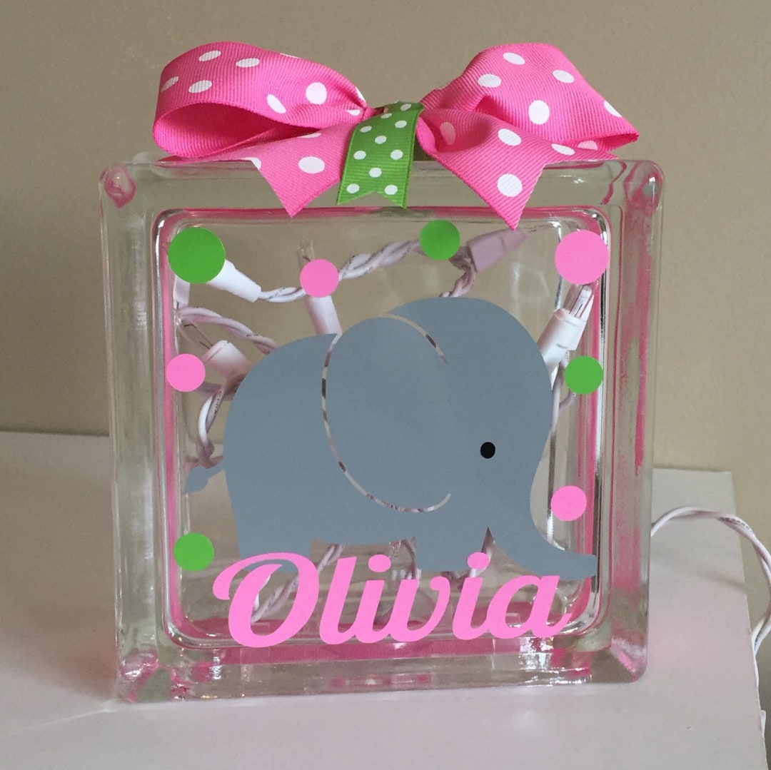 Baby/baby's/babies Customized/personalized Elephant Lighted Glass Block ...