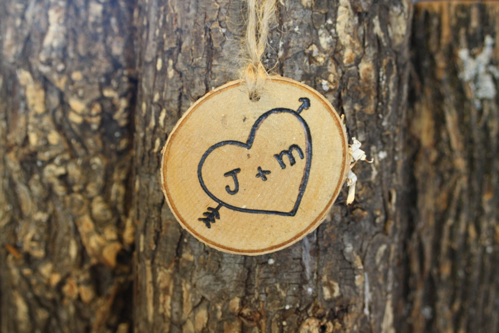 Rustic Wedding Decorations Heart Initials in Birch Log Slice Ornament ...