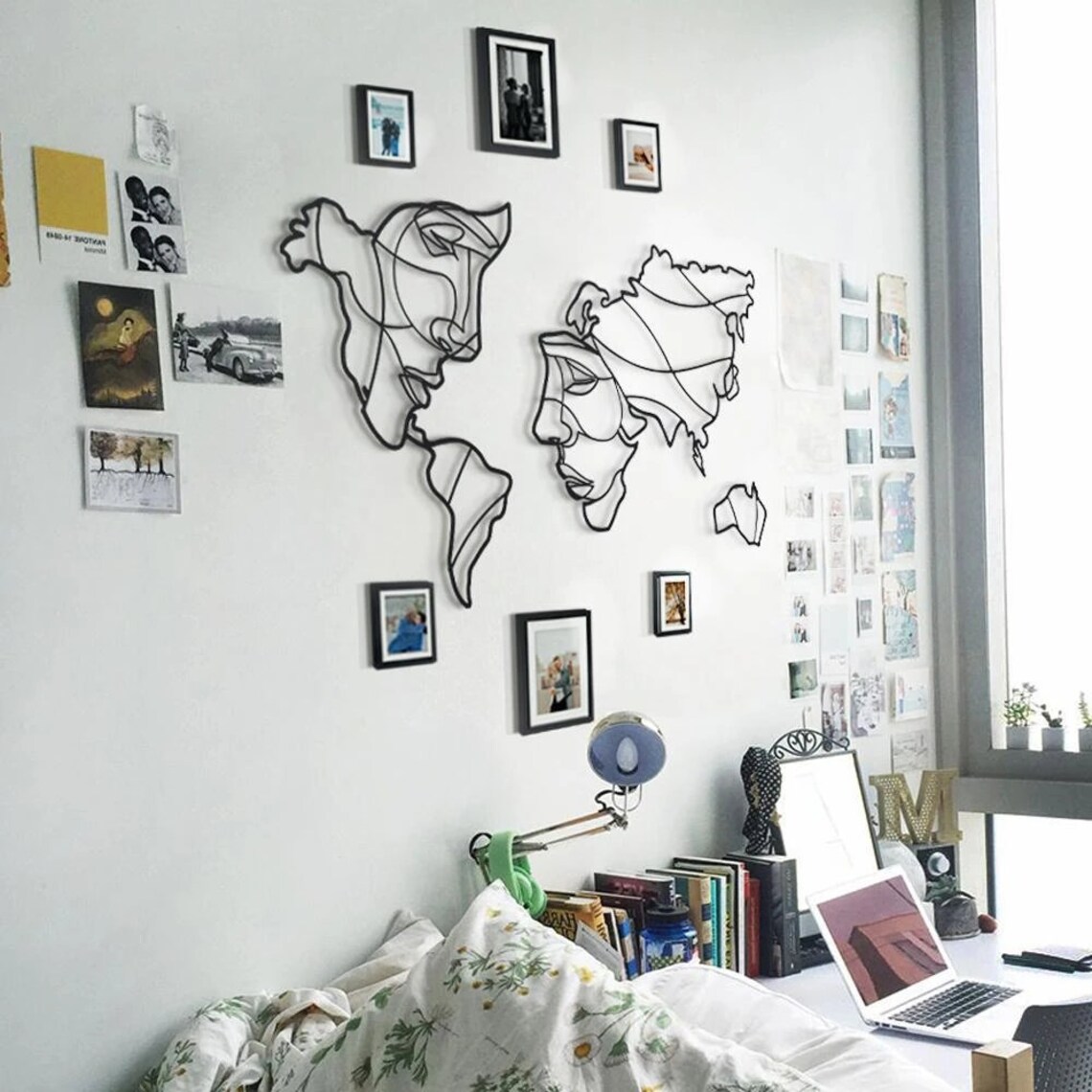 Wire World Wall Map With Faces Metal Wall Art Decor Modern | Etsy