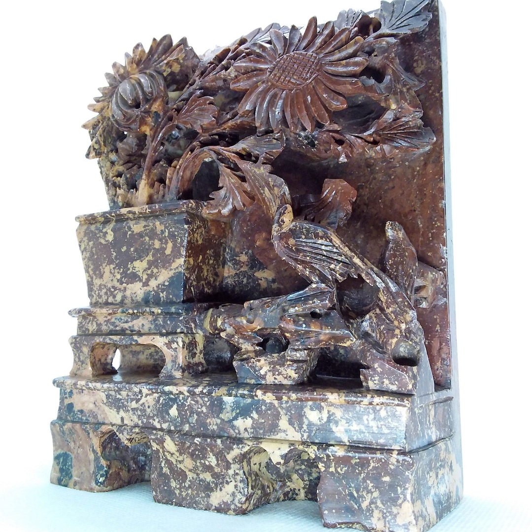Soapstone, Flowers, Bird, Bookend, Carving, Display, Specimen, Mineral ...