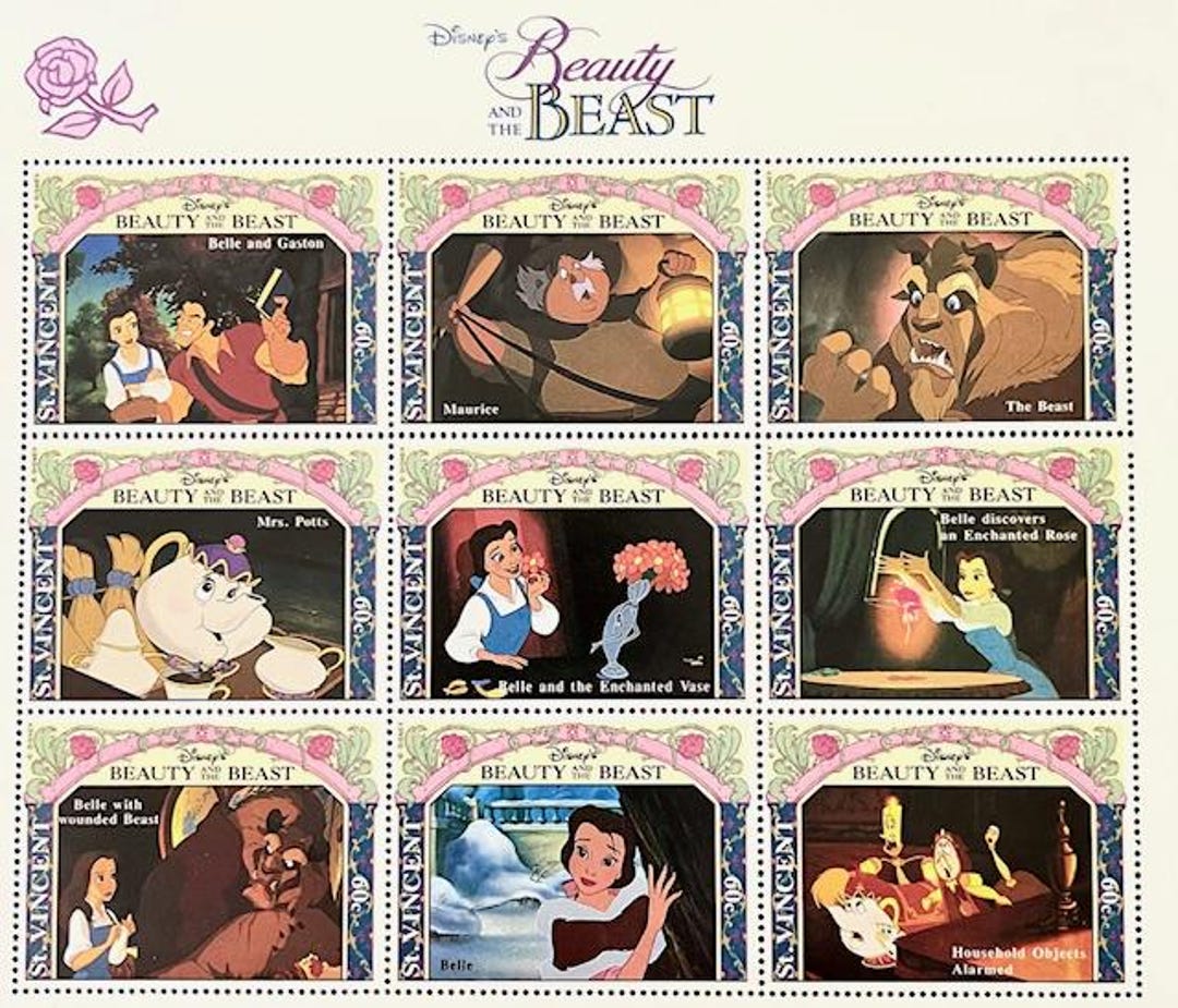 Vintage Disney "beauty and the Beast" Stamp Collectible Sheet Set of 9 ...