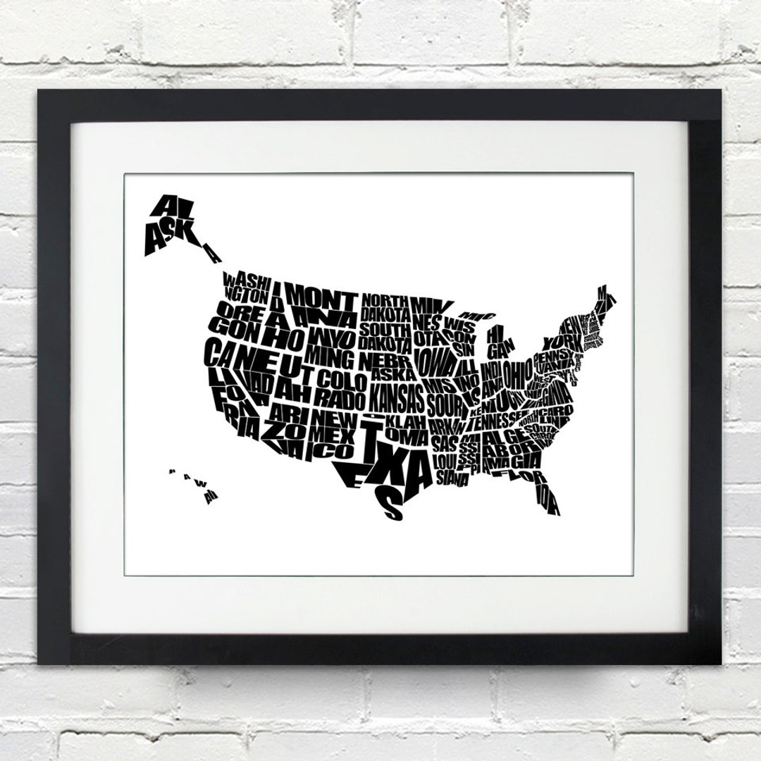 USA Word Map - Black and White - INSTANT DOWNLOAD - A Typographic Word ...