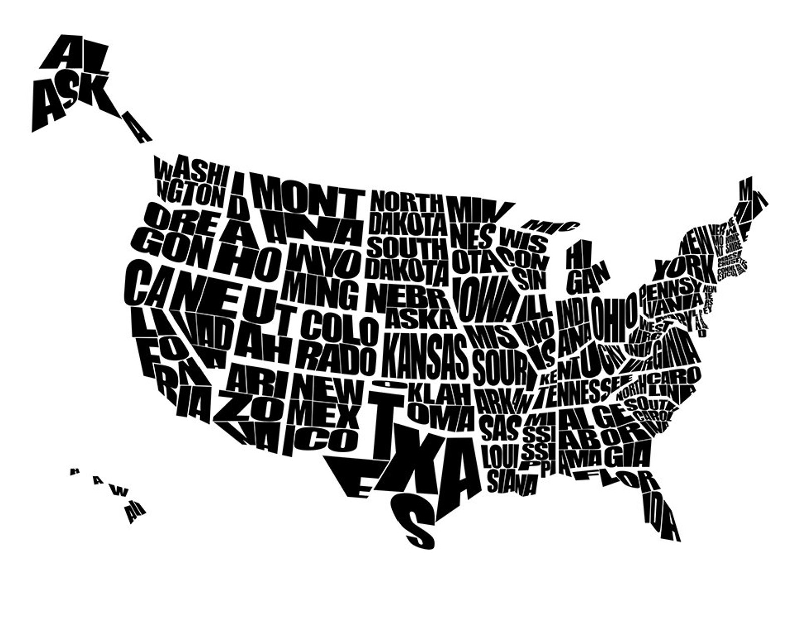 USA Word Map - Black and White - INSTANT DOWNLOAD - A Typographic Word ...