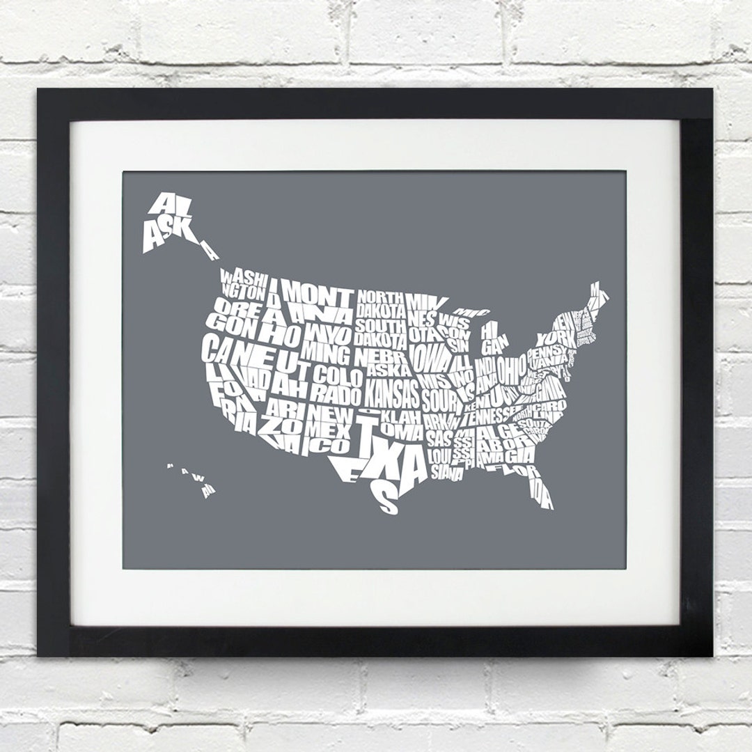 USA Word Map - White on Gray - INSTANT DOWNLOAD - A Typographic Word ...