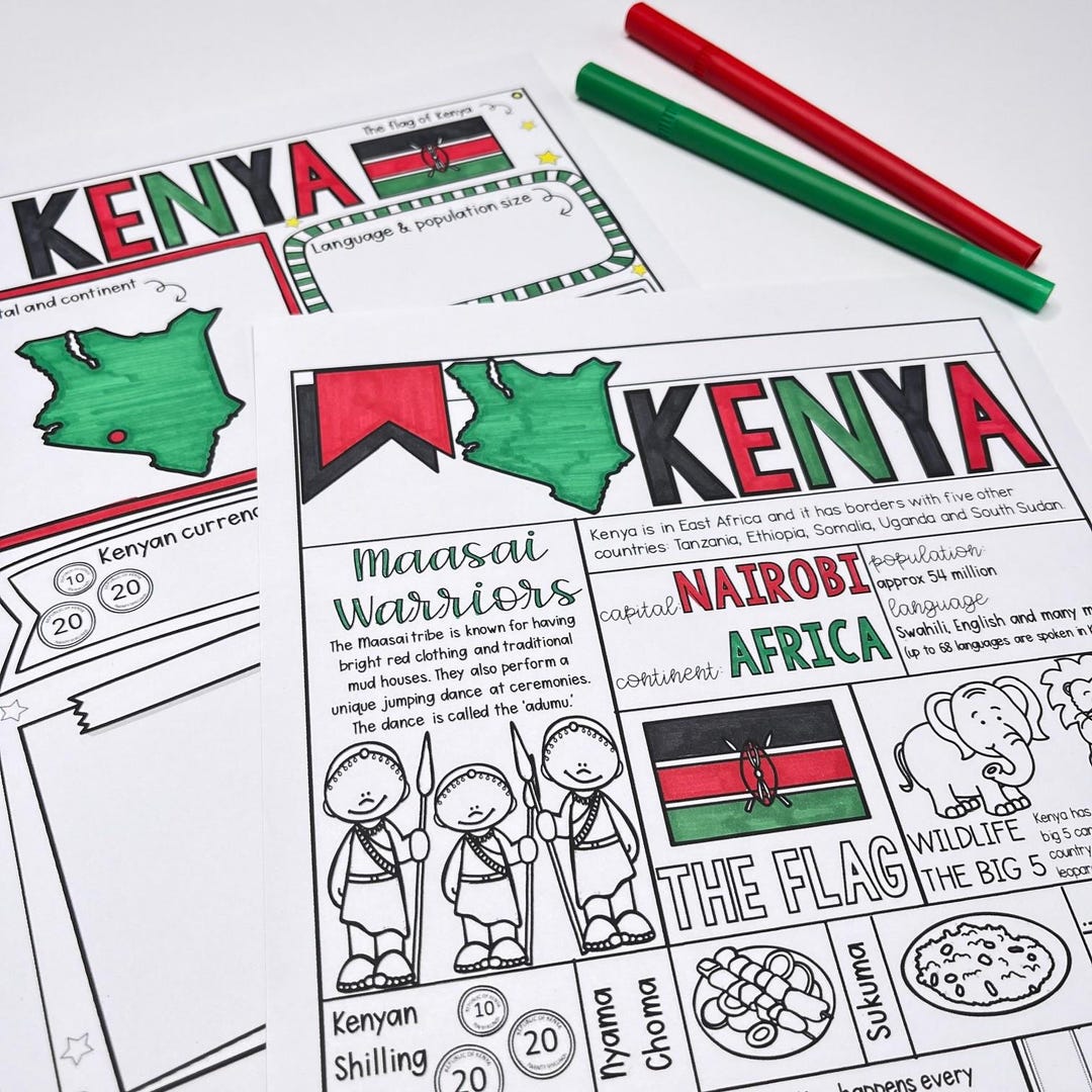 Kenya Coloring Page and Graphic Organizer Country Study Printable Fact ...