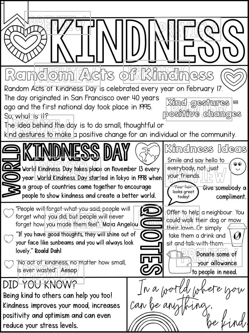 Kindness Coloring Page Infographic - Etsy