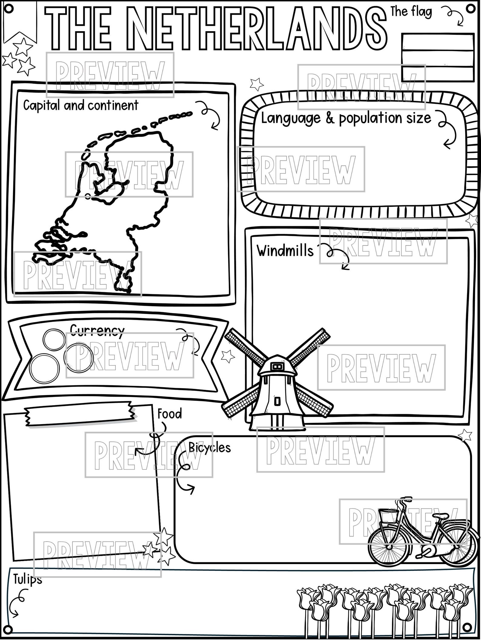 The Netherlands Coloring Page and Graphic Organizer Country Study ...