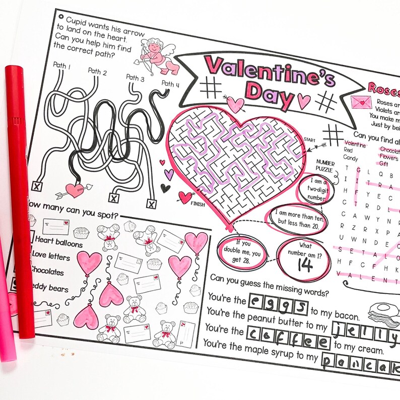 Valentines Day Coloring Pages and Activity Placemat - Valentine's Day ...