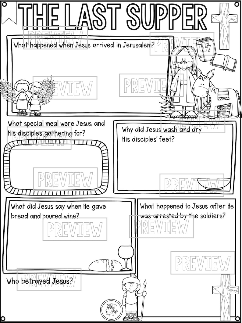 The Last Supper Bible Lesson Coloring Page and Comprehension Activities ...