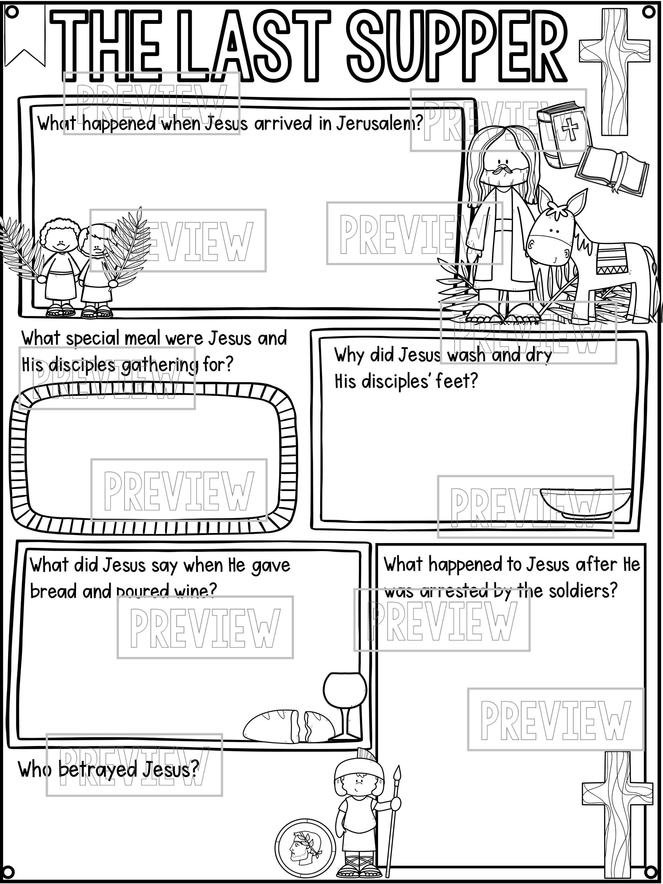 The Last Supper Bible Lesson Coloring Page and Comprehension Activities ...