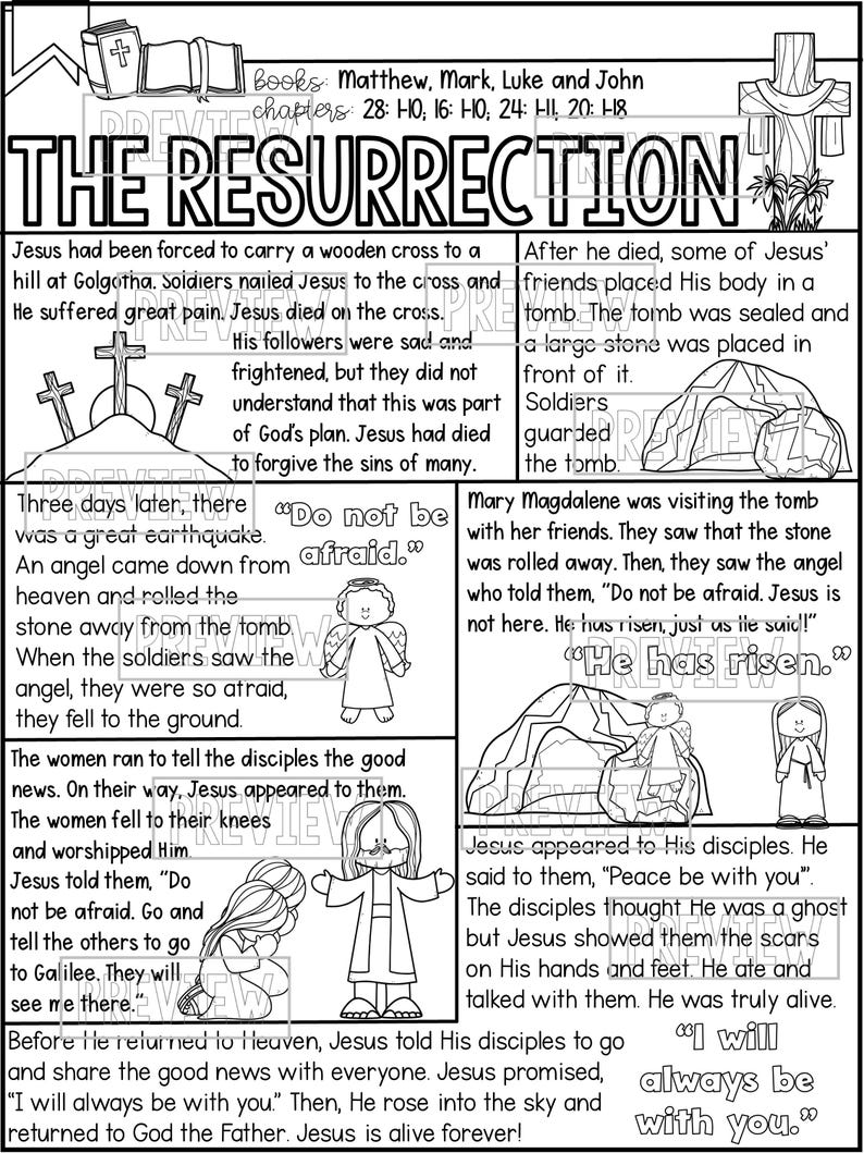 The Resurrection Bible Lesson Coloring Page and Comprehension Activities for Homeschool and ...