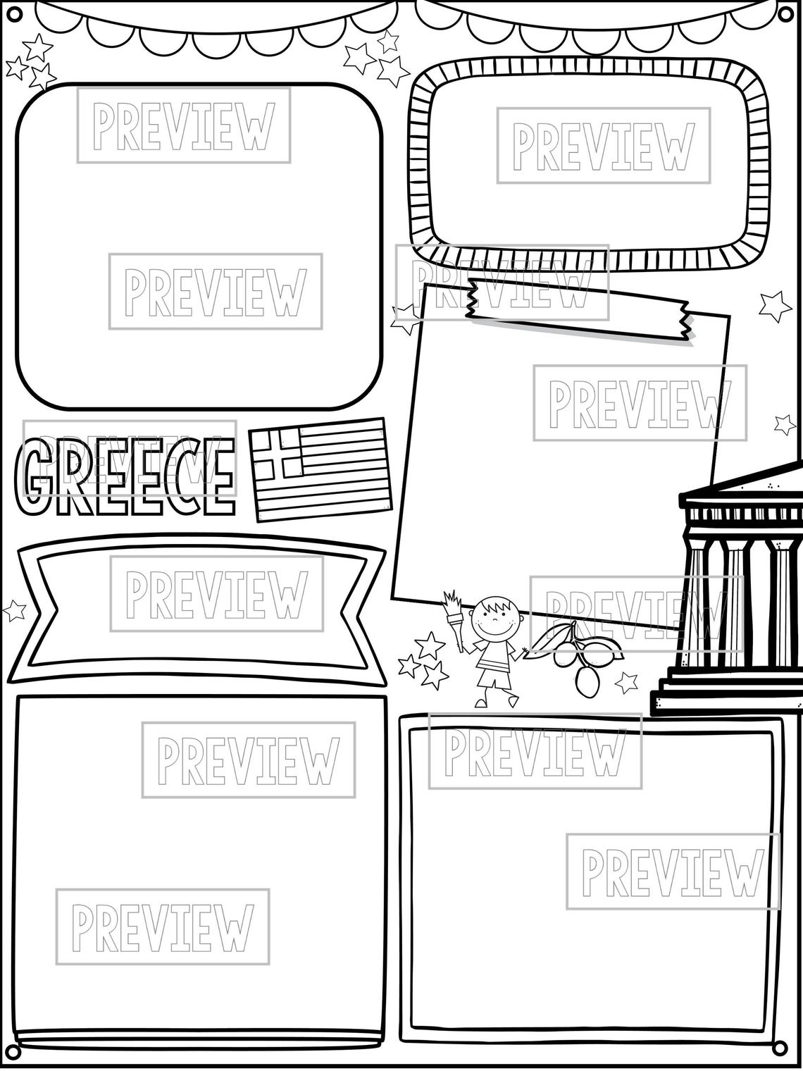 Greece Coloring Page and Graphic Organizer Country Study Printable Fact ...