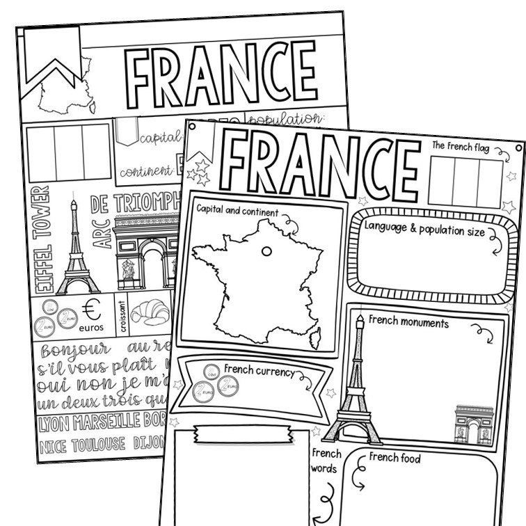 France Coloring Page and Graphic Organizer Country Study Printable Fact ...