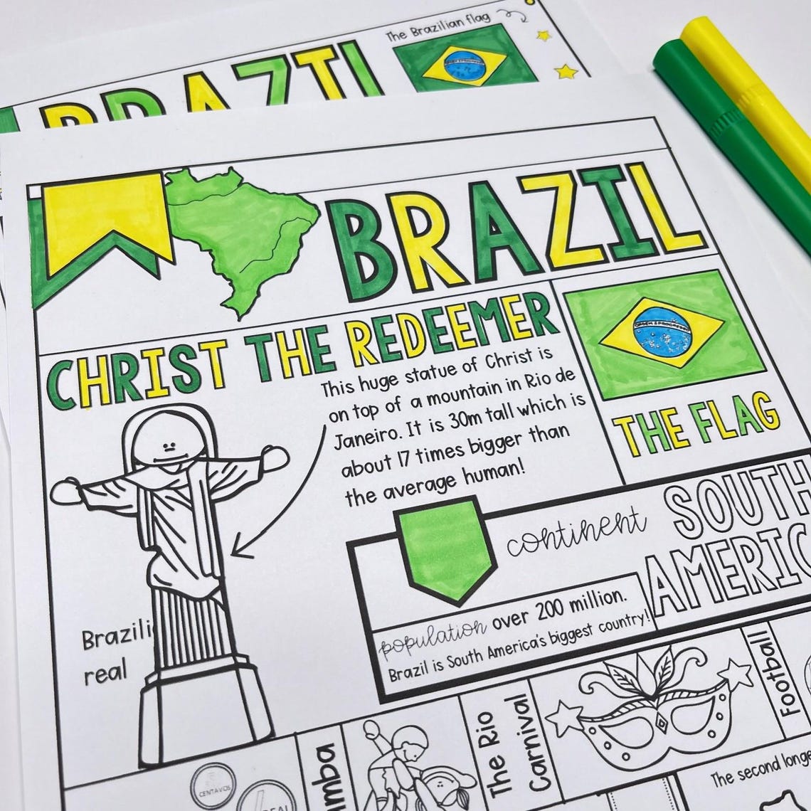 Brazil Coloring Page and Graphic Organizer Country Study Printable Fact ...