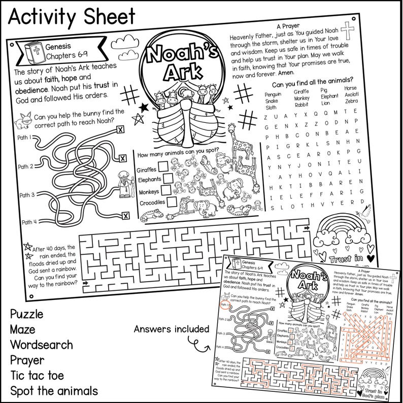 Noah's Ark Bible Lesson Coloring Page, Activity Placemat and ...