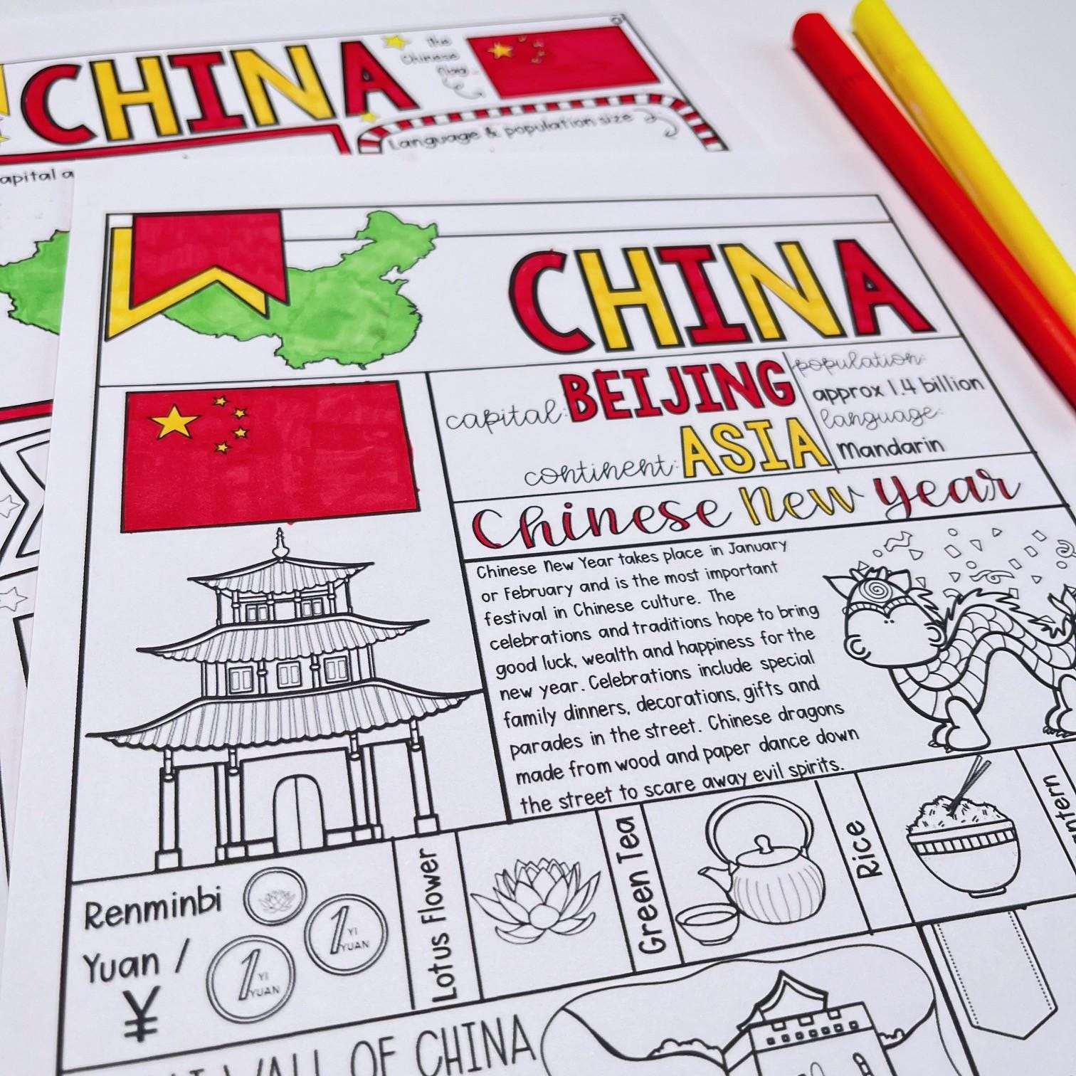 China Coloring Page and Graphic Organizer Country Study Printable Fact ...
