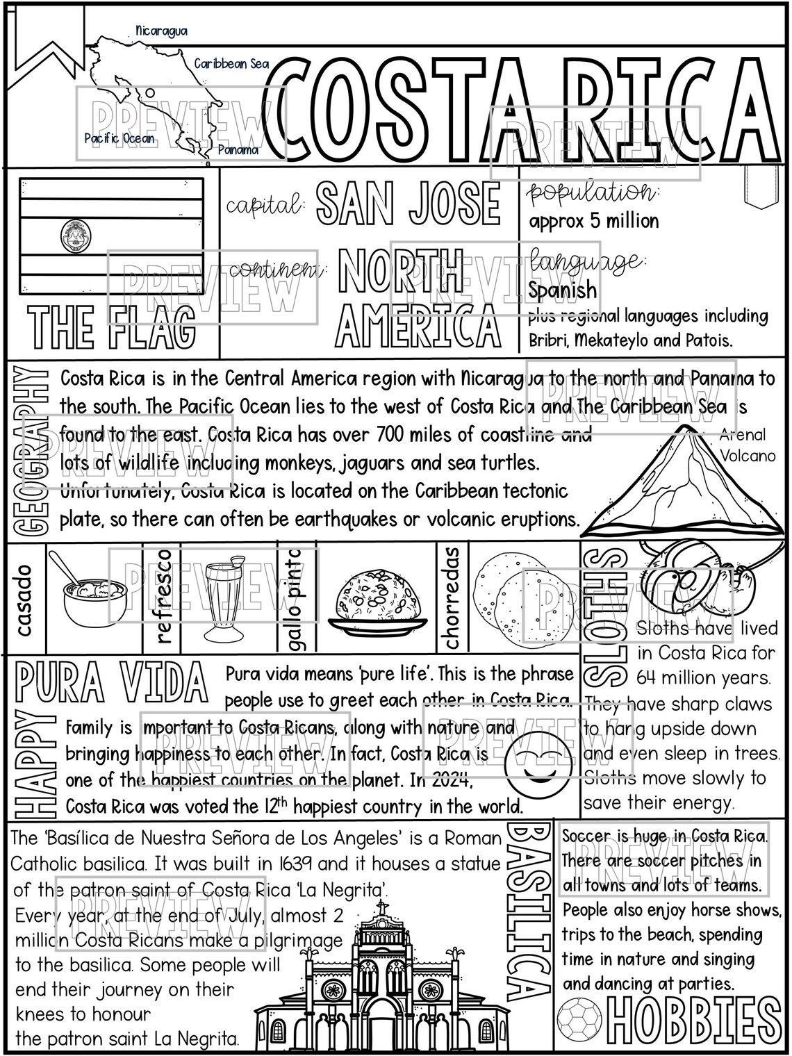 Costa Rica Coloring Page and Graphic Organizer Country Study Printable ...