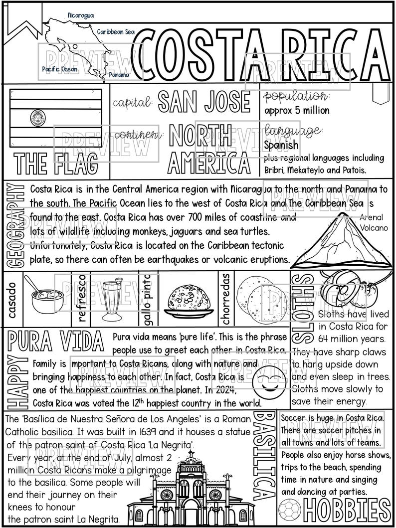 Costa Rica Coloring Page and Graphic Organizer Country Study Printable ...