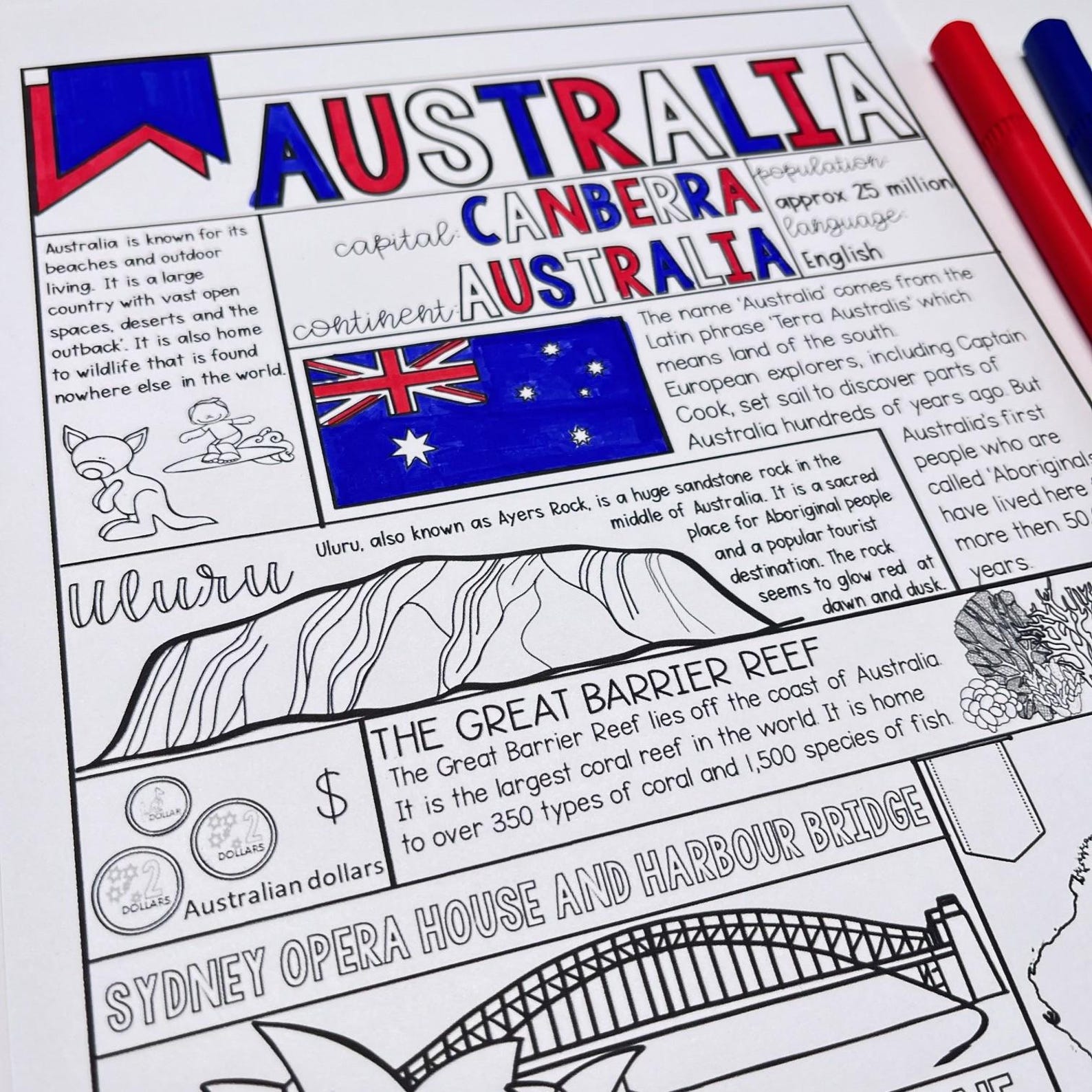 Australia Coloring Page Graphic Organizer Printable Australia Country ...