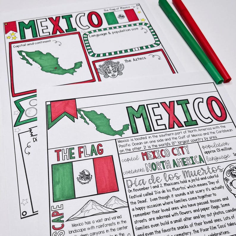 Mexico Coloring Page and Graphic Organizer Country Study Printable Fact ...
