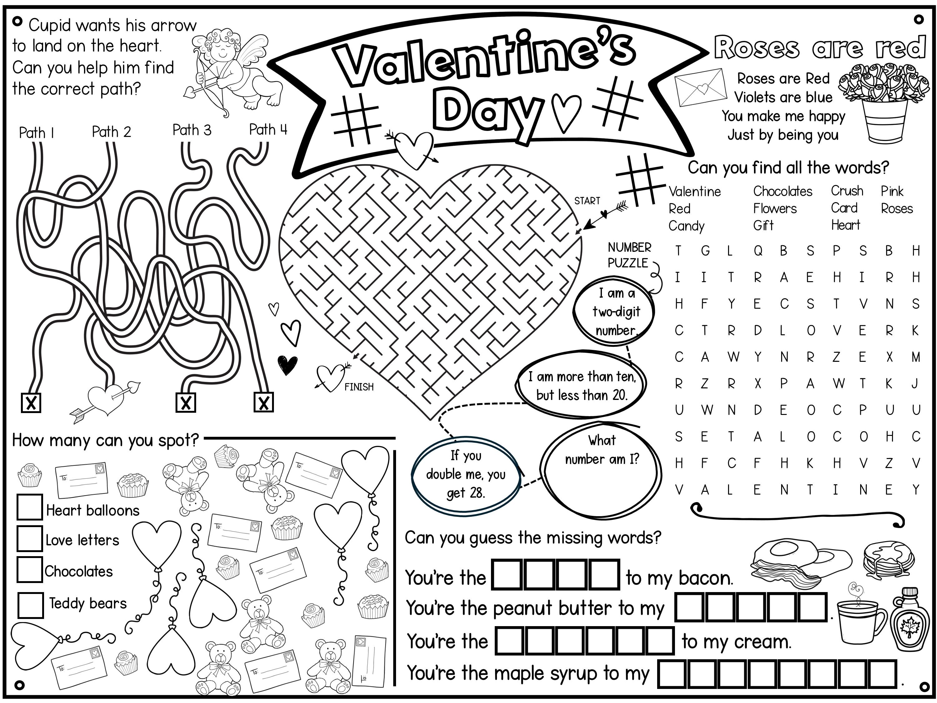 Valentines Day Coloring Pages and Activity Placemat - Valentine's Day ...