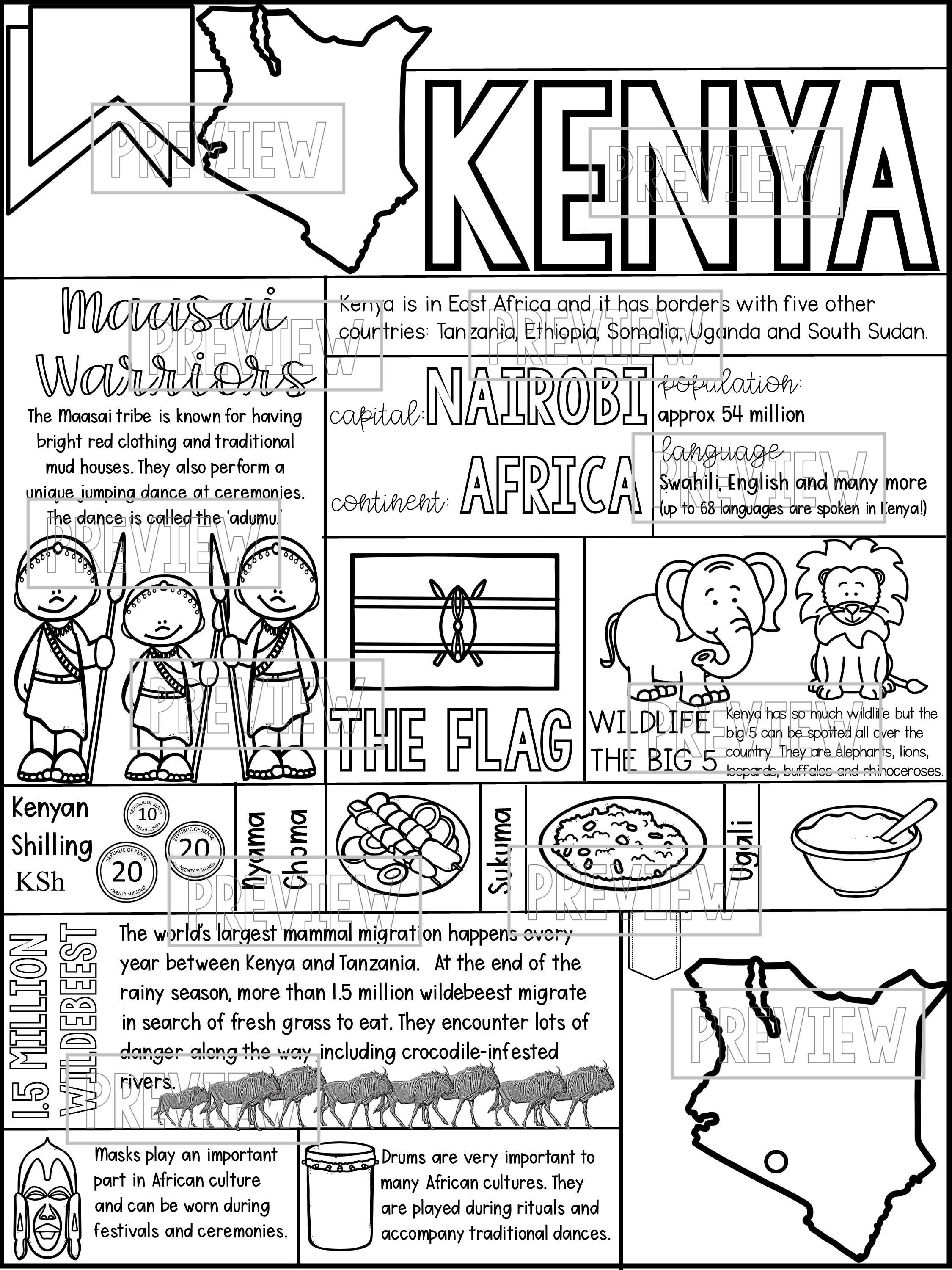 Kenya Coloring Page and Graphic Organizer Country Study Printable Fact ...