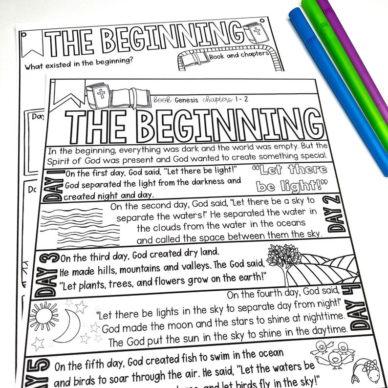 The Beginning Creation Bible Story Printable Coloring Page Worksheet ...