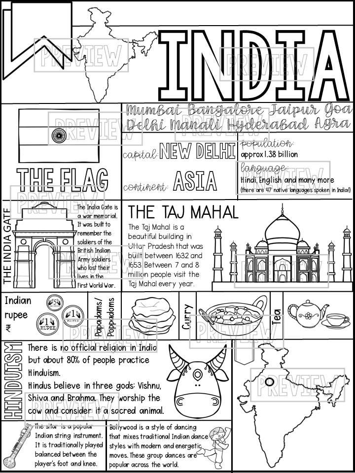 India Coloring Page and Graphic Organizer Country Study Printable Fact ...