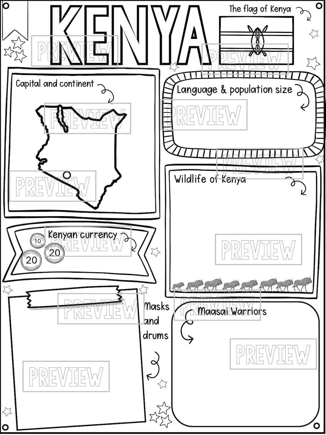 Kenya Coloring Page and Graphic Organizer Country Study Printable Fact ...