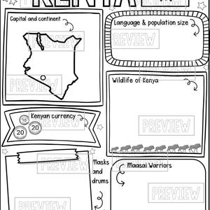 Kenya Coloring Page and Graphic Organizer Country Study Printable Fact ...