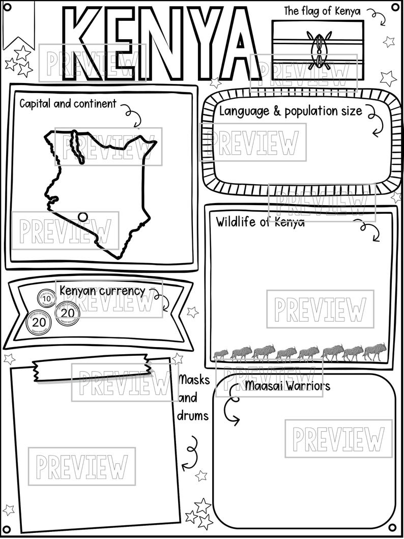 Kenya Coloring Page and Graphic Organizer Country Study Printable Fact ...