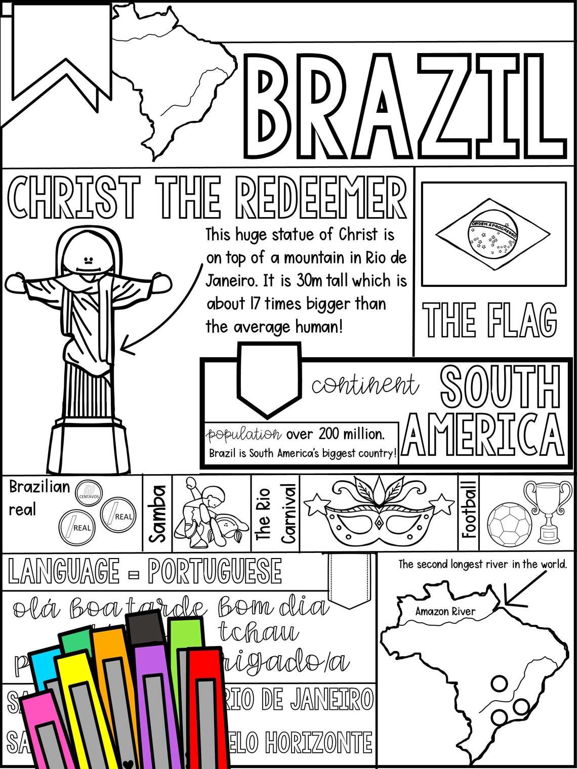 Brazil Coloring Page and Graphic Organizer Country Study Printable Fact ...