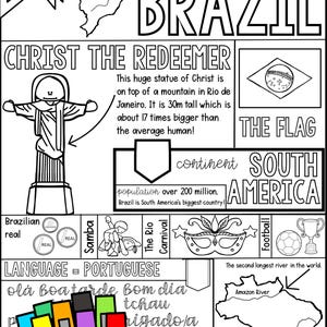 Brazil Coloring Page and Graphic Organizer Country Study Printable Fact ...