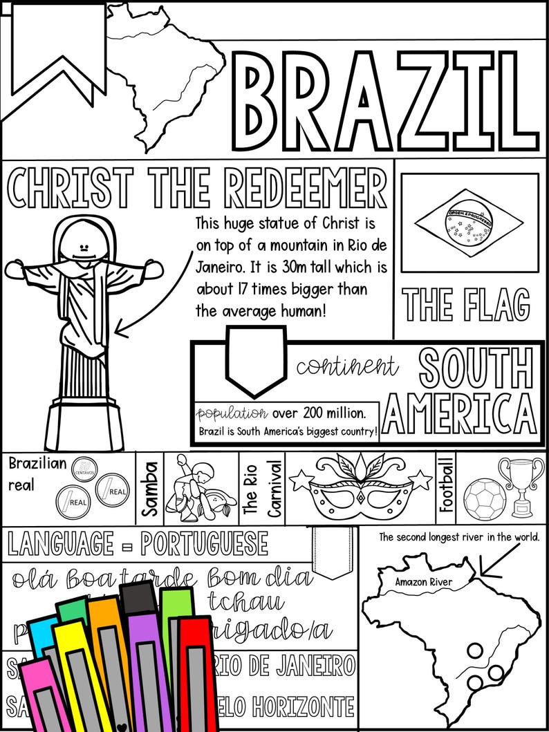 Brazil Coloring Page and Graphic Organizer Country Study Printable Fact ...