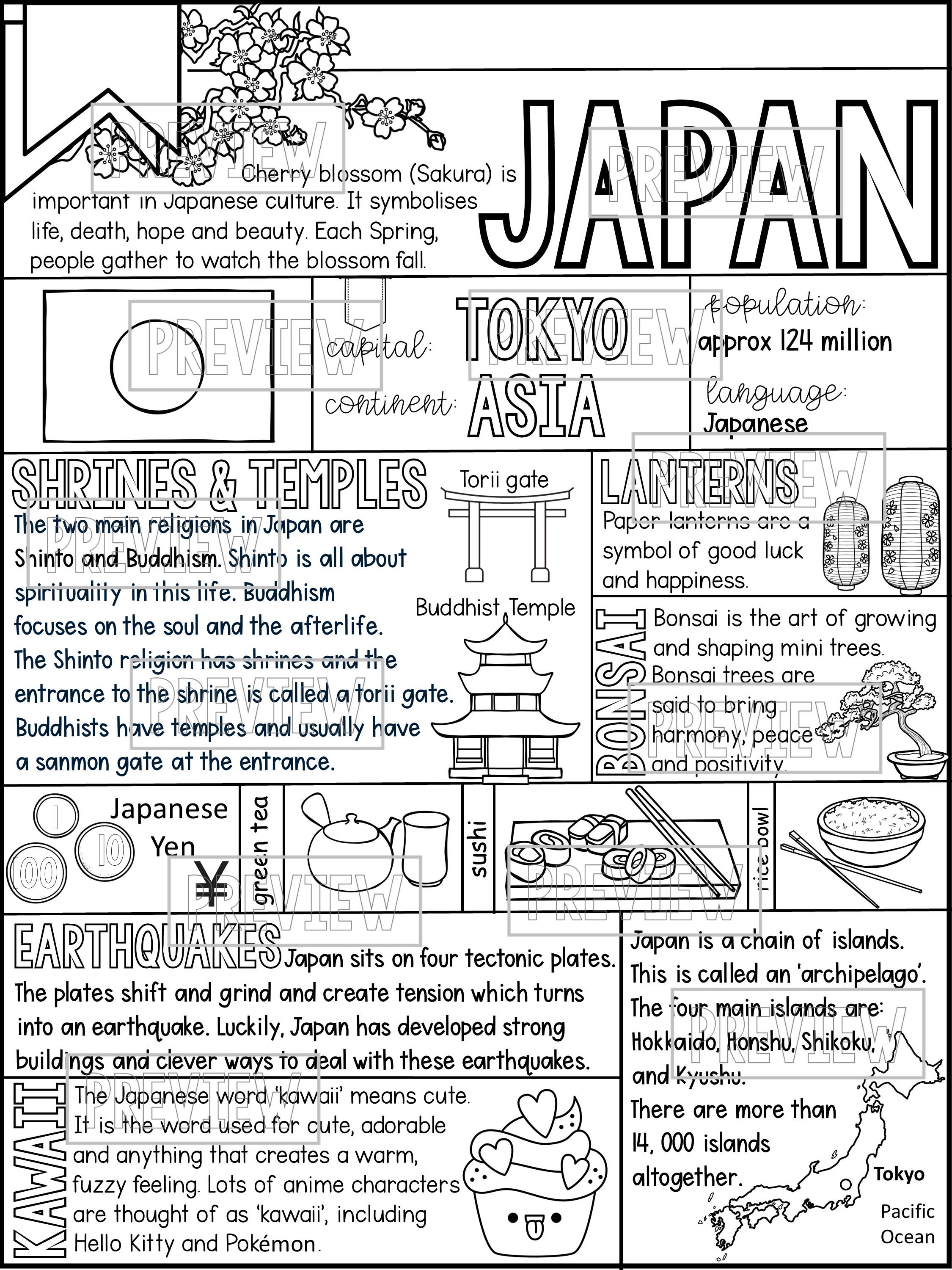 Japan Coloring Page and Graphic Organizer Country Study Printable Fact ...