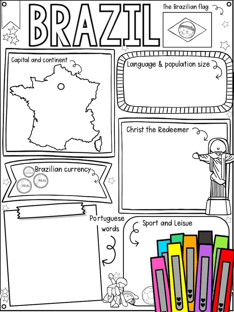 Brazil Coloring Page and Graphic Organizer Country Study Printable Fact ...