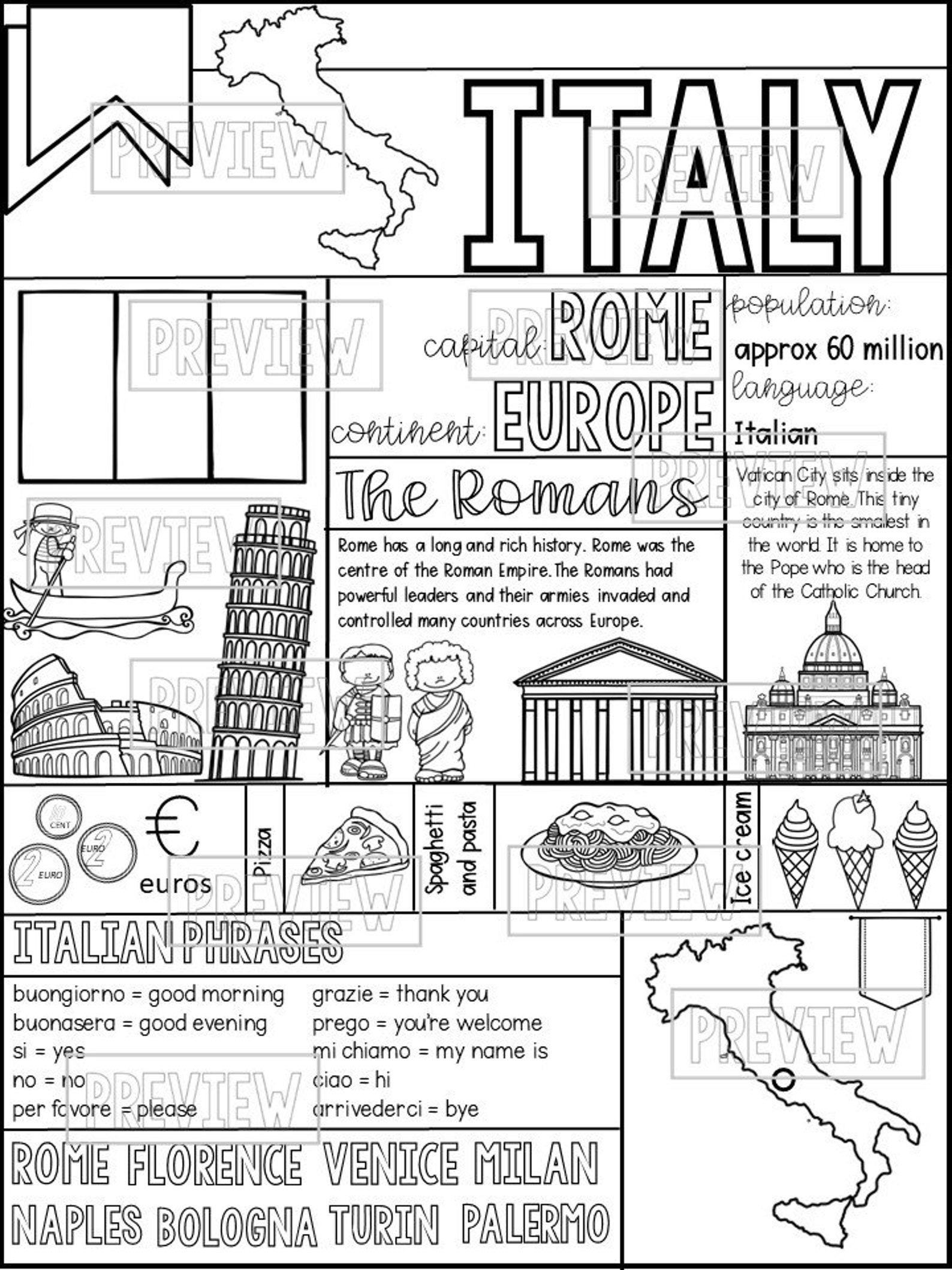 Italy Coloring Page and Graphic Organizer Country Study Printable Fact ...