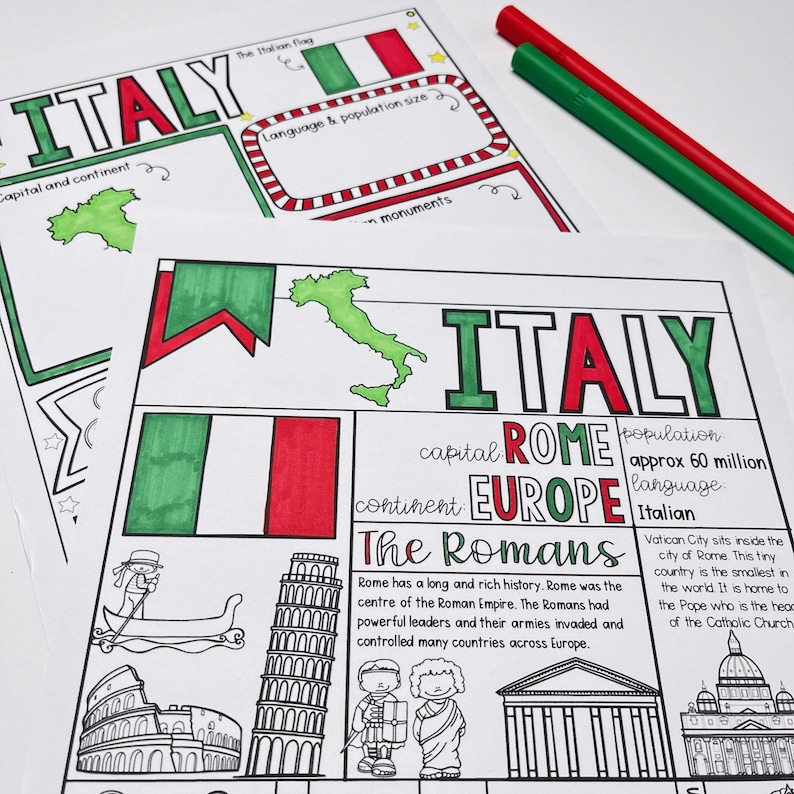 Italy Coloring Page and Graphic Organizer Country Study Printable Fact ...