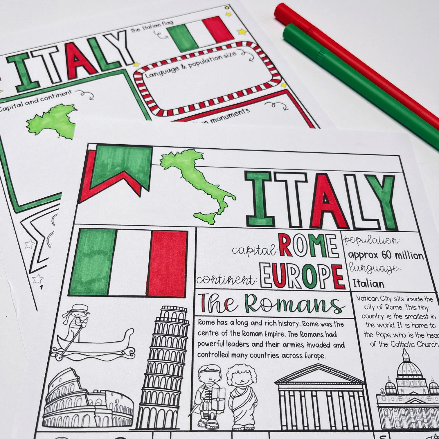 Italy Coloring Page and Graphic Organizer Country Study Printable Fact ...
