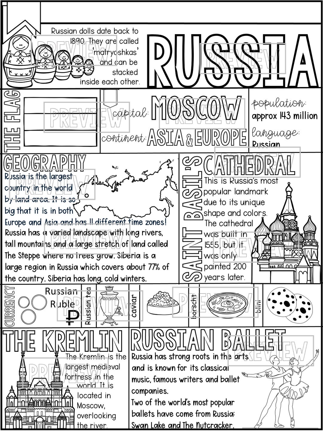 Russia Coloring Page and Graphic Organizer Country Study Printable Fact ...