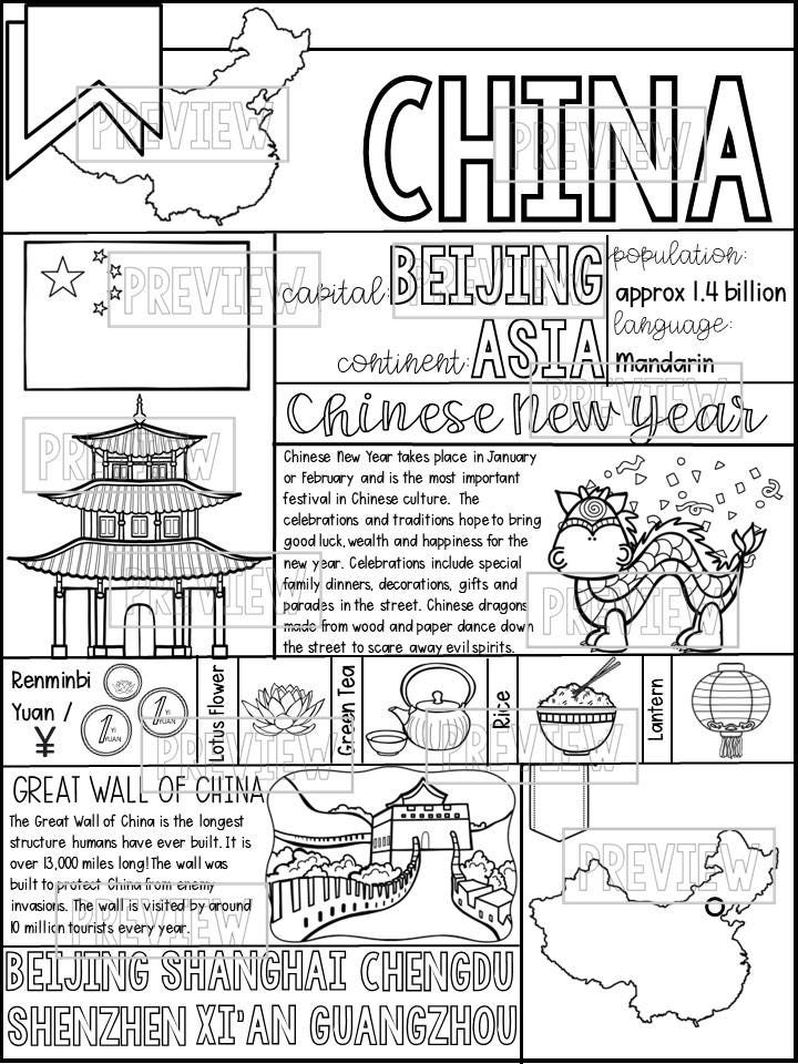 China Coloring Page and Graphic Organizer Country Study Printable Fact ...