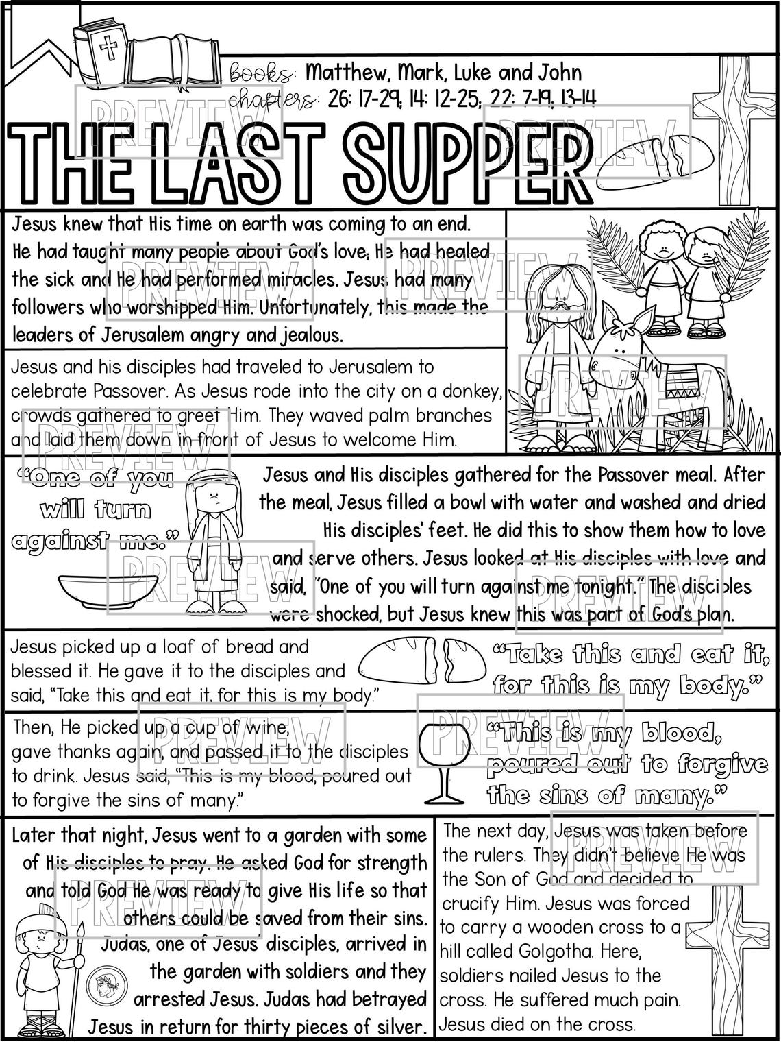 The Last Supper Bible Lesson Coloring Page and Comprehension Activities ...